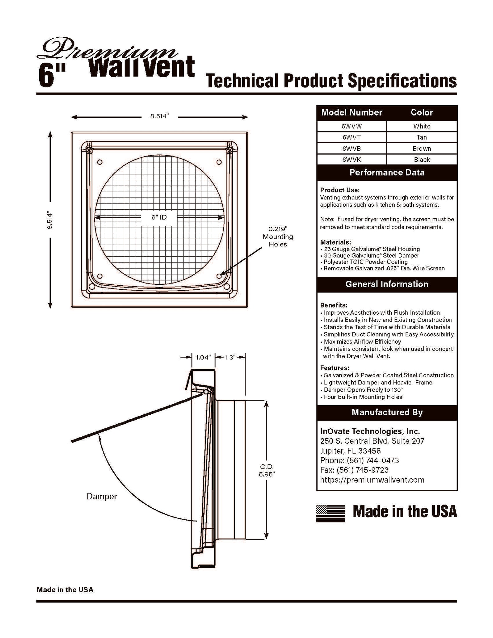 Inovate 6-Inch Low-Profile Exhaust Wall Vent - Powdered-Coated Finish ...